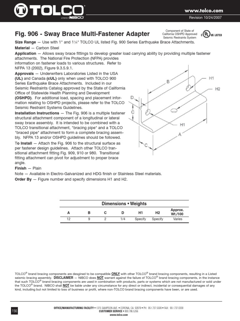 Fig. 906 - Sway Brace Multi-Fastener Adapter: Dimensions - Weights ...