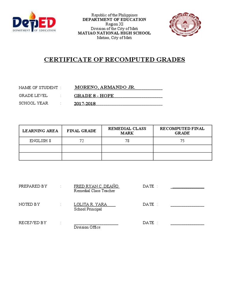 Certificate of Recomputed Grades: Moreno, Armando Jr. Grade 8 - Hope 2017-2018 | PDF
