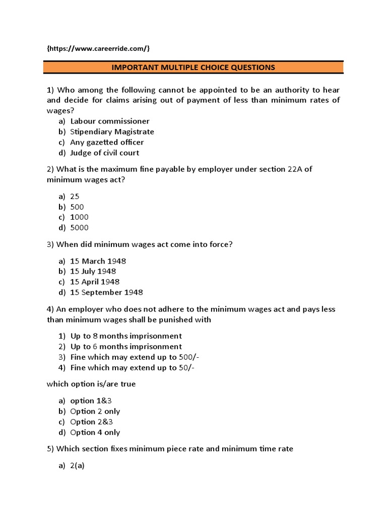 Key Provisions and Multiple Choice Questions on India's Minimum Wages ...