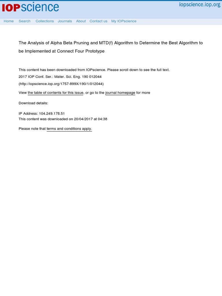 Analysis of Alpha Beta Pruning and MTD(f) Algorithms for Connect Four | PDF | Theoretical ...