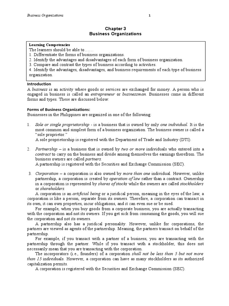 Chapter 3 Business Organizations | PDF | Partnership | Sole Proprietorship
