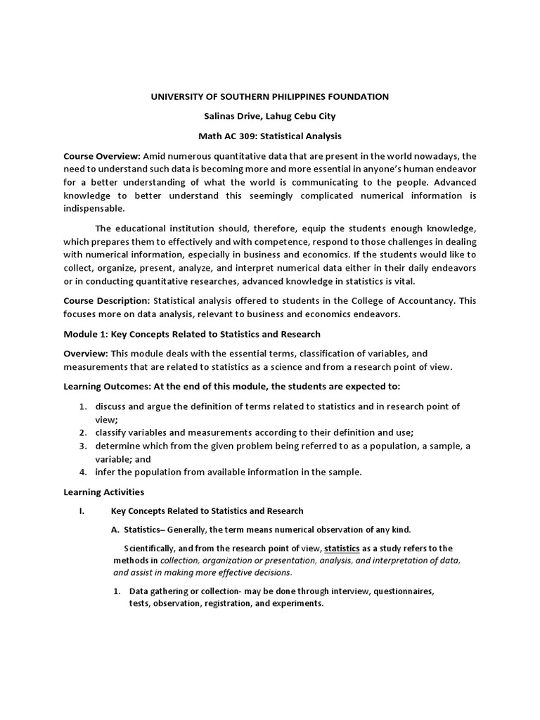 Module 1 Statistic Pdf Pdf Statistics Data