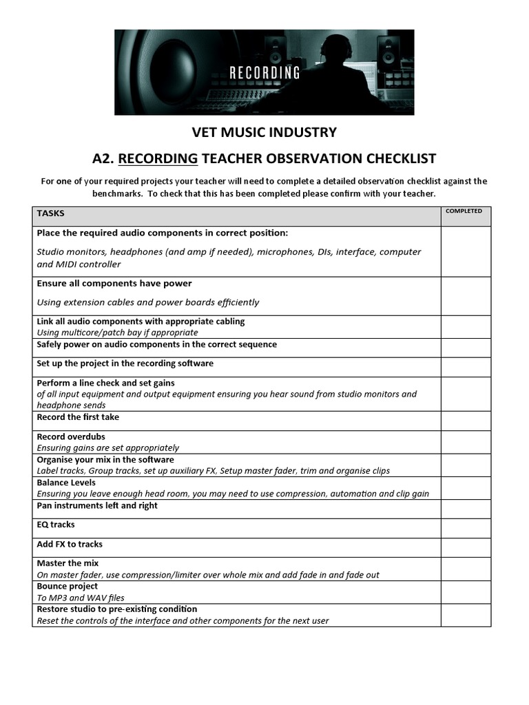 Vet Music Industry A2. Recording Teacher Observation Checklist | PDF ...