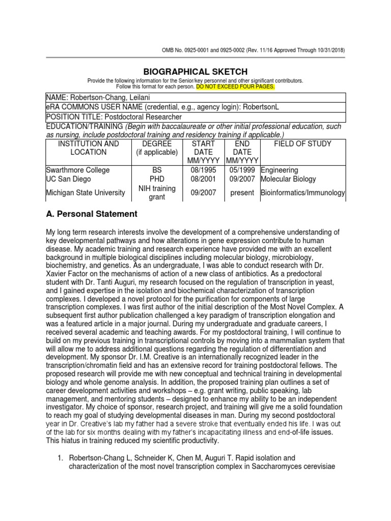 Biographical Sketch: As Nursing, Include Postdoctoral Training and ...