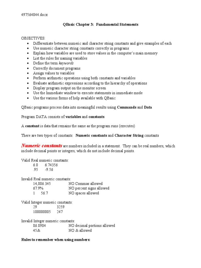 Numeric Constants Qbasic Chapter 3 Fundamental Statements Pdf Variable Computer Science