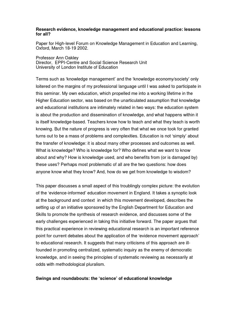 Research Evidence, Knowledge Management and Educational Practice ...