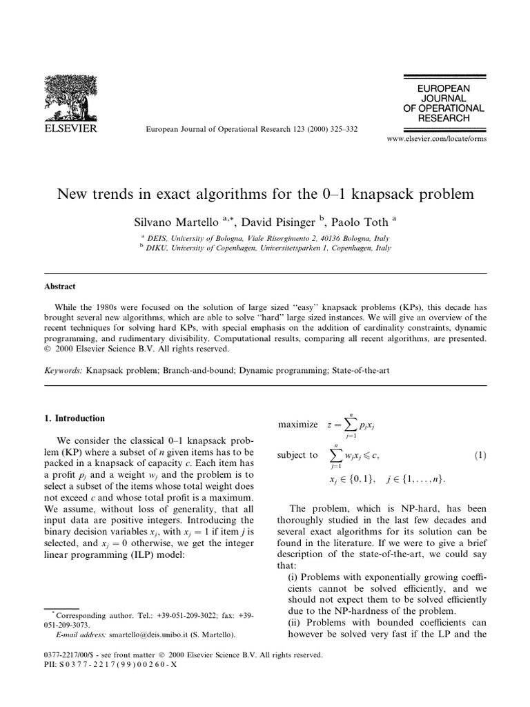 New Trends In Exact Algorithms For The 0 Pdf Pdf Dynamic Programming Mathematical Optimization