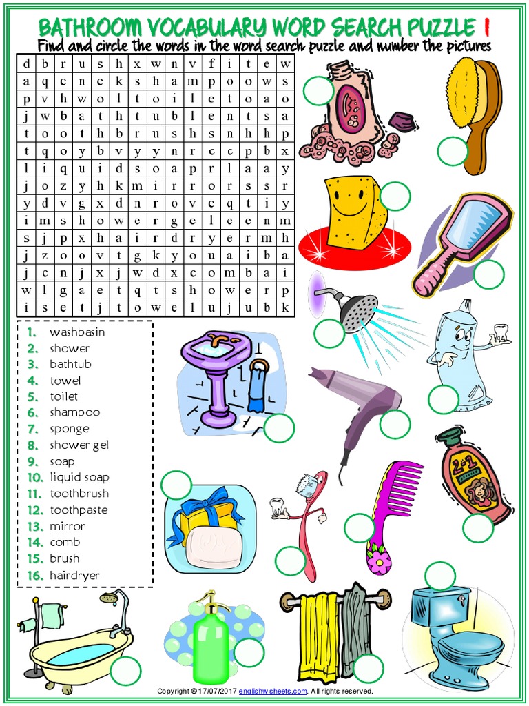 Bathroom Vocabulary Esl Word Search Puzzle Worksheets For Kids | PDF ...