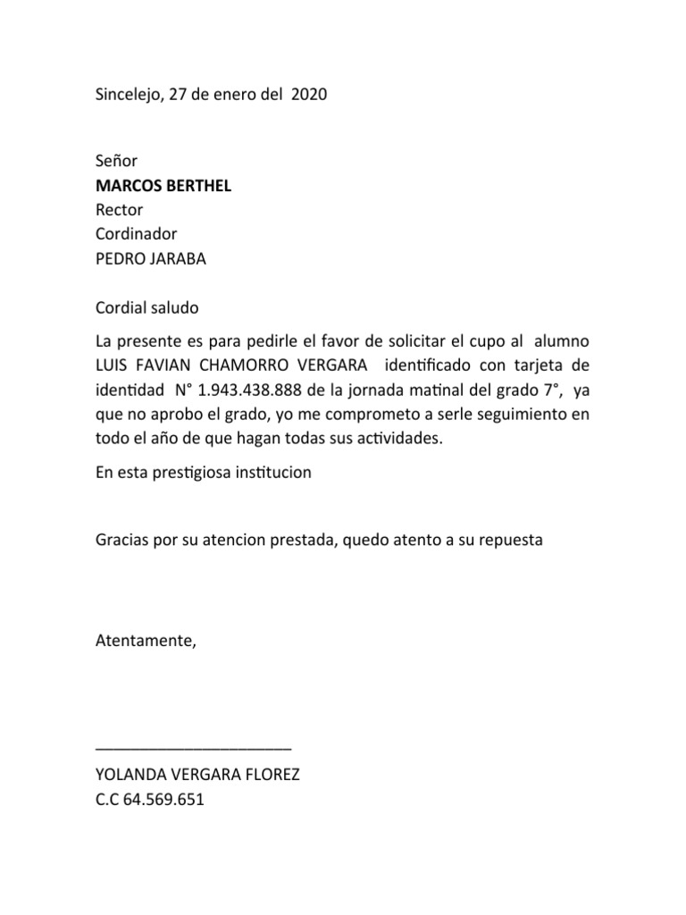 Carta Solicitud de Cupo | PDF