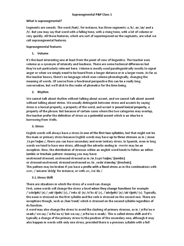 Suprasegmental Class 1 Video Transcription | PDF | Stress (Linguistics) | Tone (Linguistics)