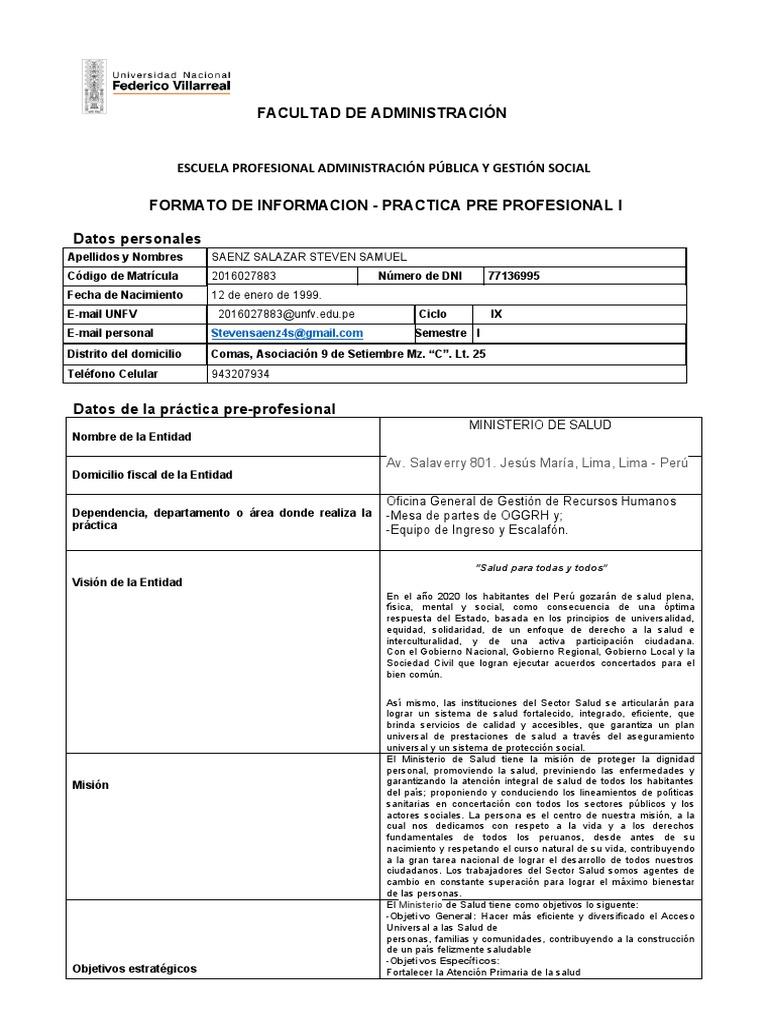 Formato de Practicas Pre Profesionales I - STEVEN SAENZ SALAZAR | PDF ...