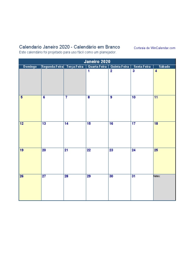 Calendário 2020 em Branco para Planejamento | PDF | Calendário