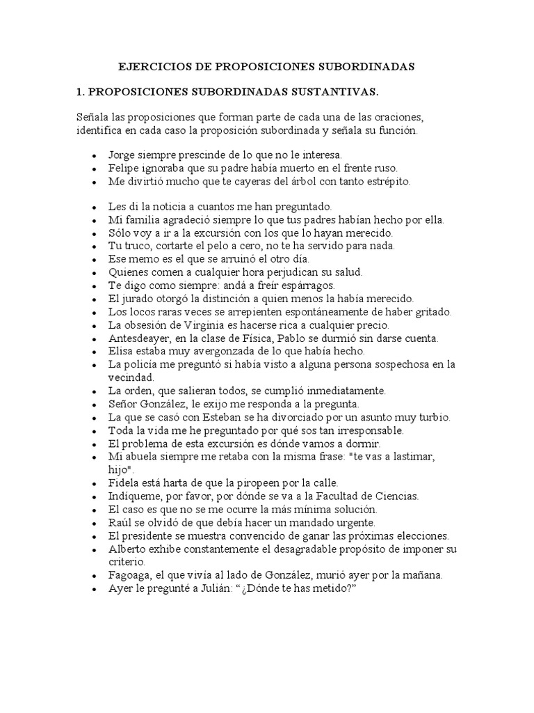 Ejercicios de Proposiciones Subordinadas | PDF