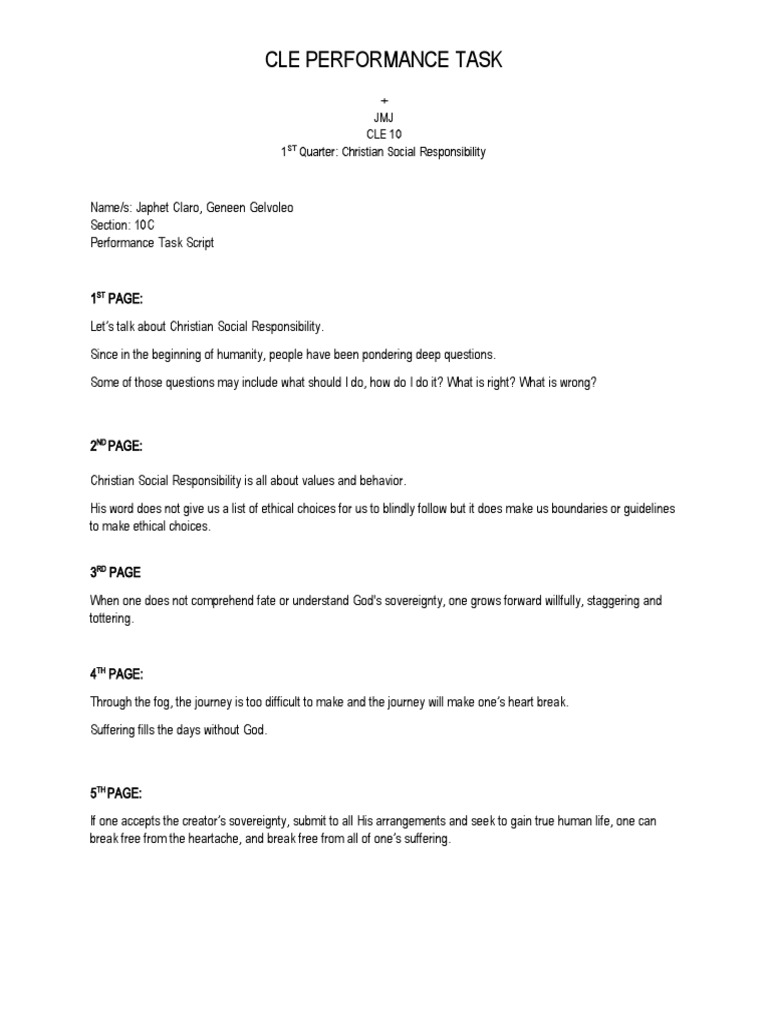 Cle Performance Task: + JMJ CLE 10 1 Quarter: Christian Social Responsibility | Download Free ...