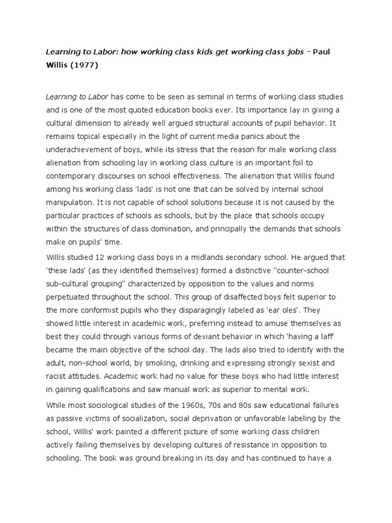 Learning To Labor | Download Free PDF | Capitalism | Behavioural Sciences