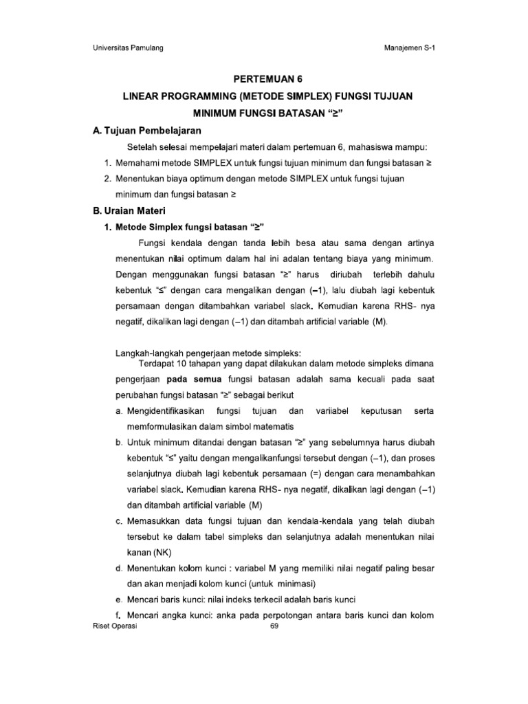 SMJ0283 - 06 - Linear Programming (Metode Simplex) Fungsi Tujuan Maksimum Fungsi Batasan PDF | PDF