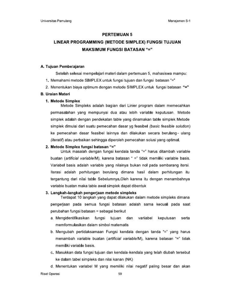 Linear Programming (Metode Simplex) Fungsi Tujuan Maksimum Fungsi ...