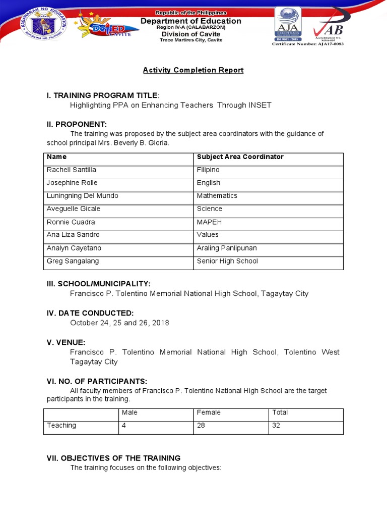 Activity Completion Report: Highlighting PPA On Enhancing Teachers ...