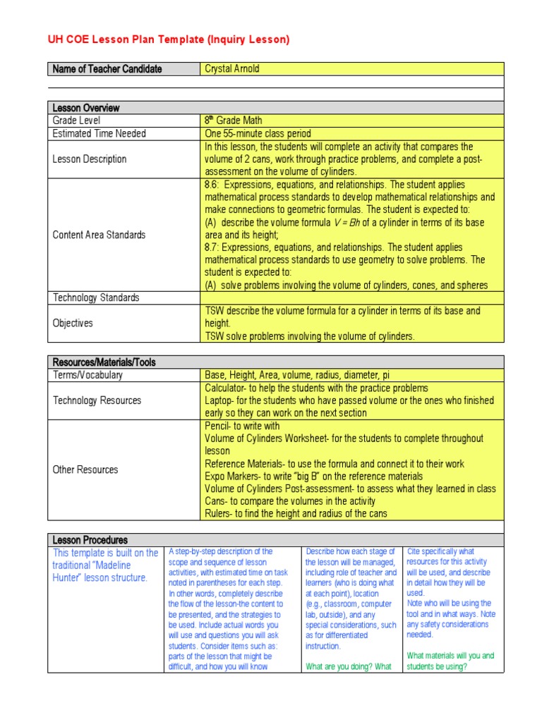 UH COE Lesson Plan Template (Inquiry Lesson) | PDF | Volume | Area