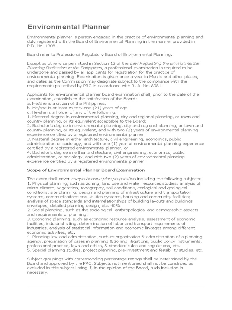 Scope of Environmental Planner Board Examination | PDF | Academic ...