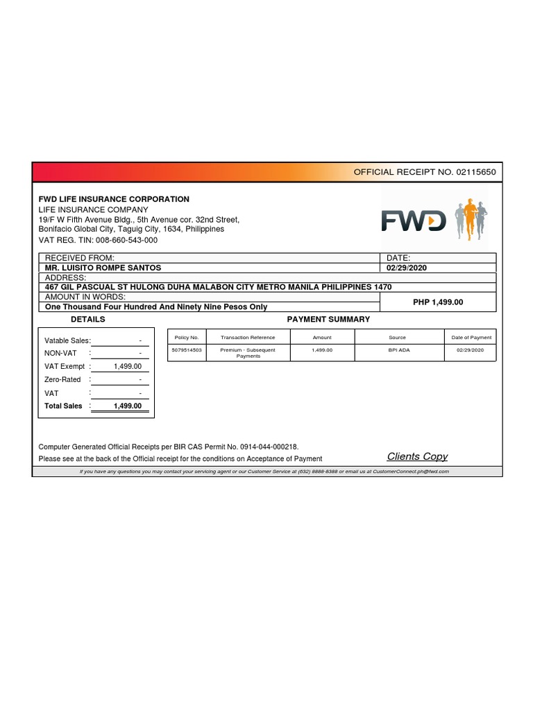 FWD Insurance Official Receipt Details | PDF | Receipt | Payments