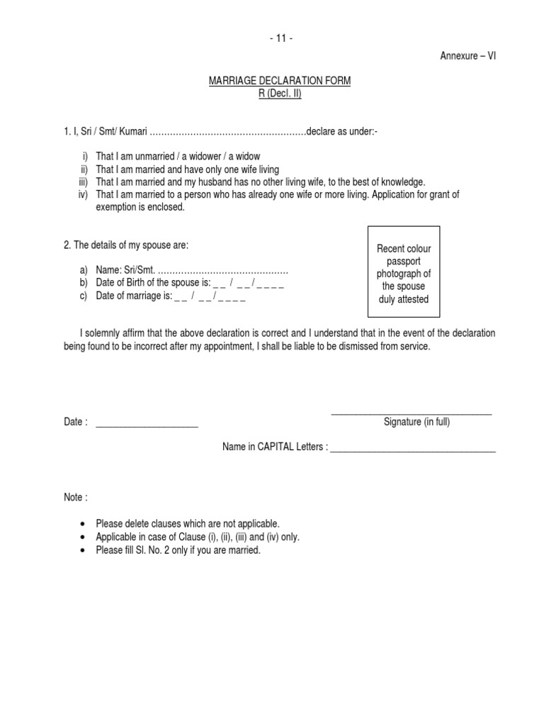 Marriage Declaration Form - Annexure VI | PDF
