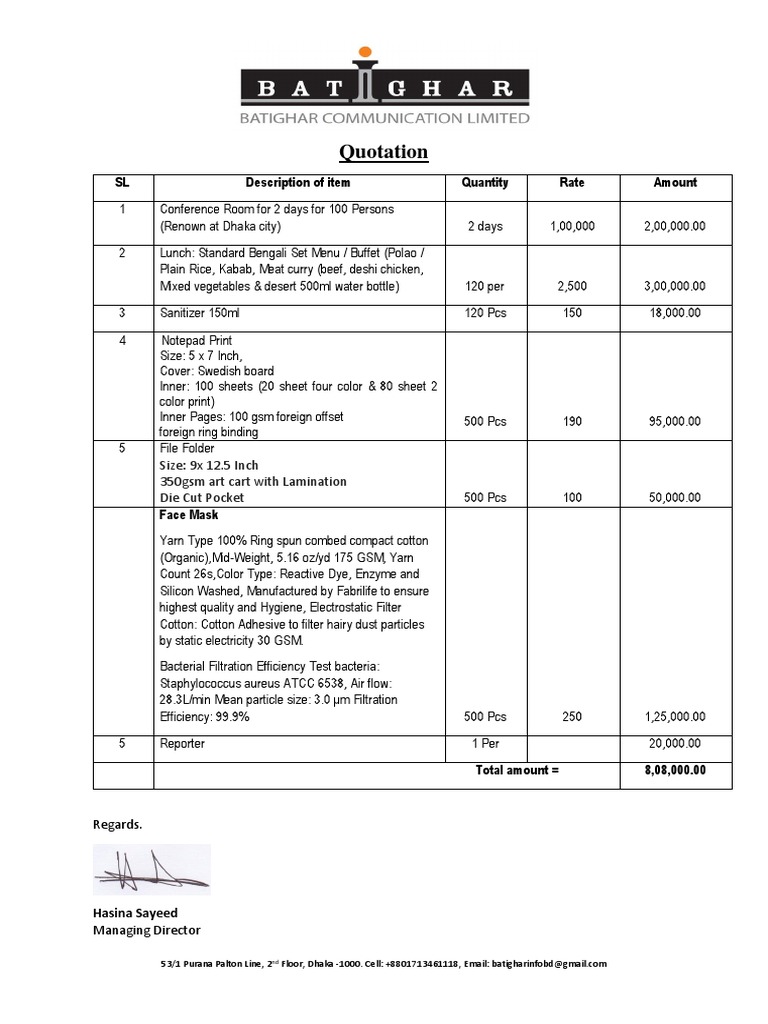 Quotation: SL Description of Item Quantity Rate Amount | PDF