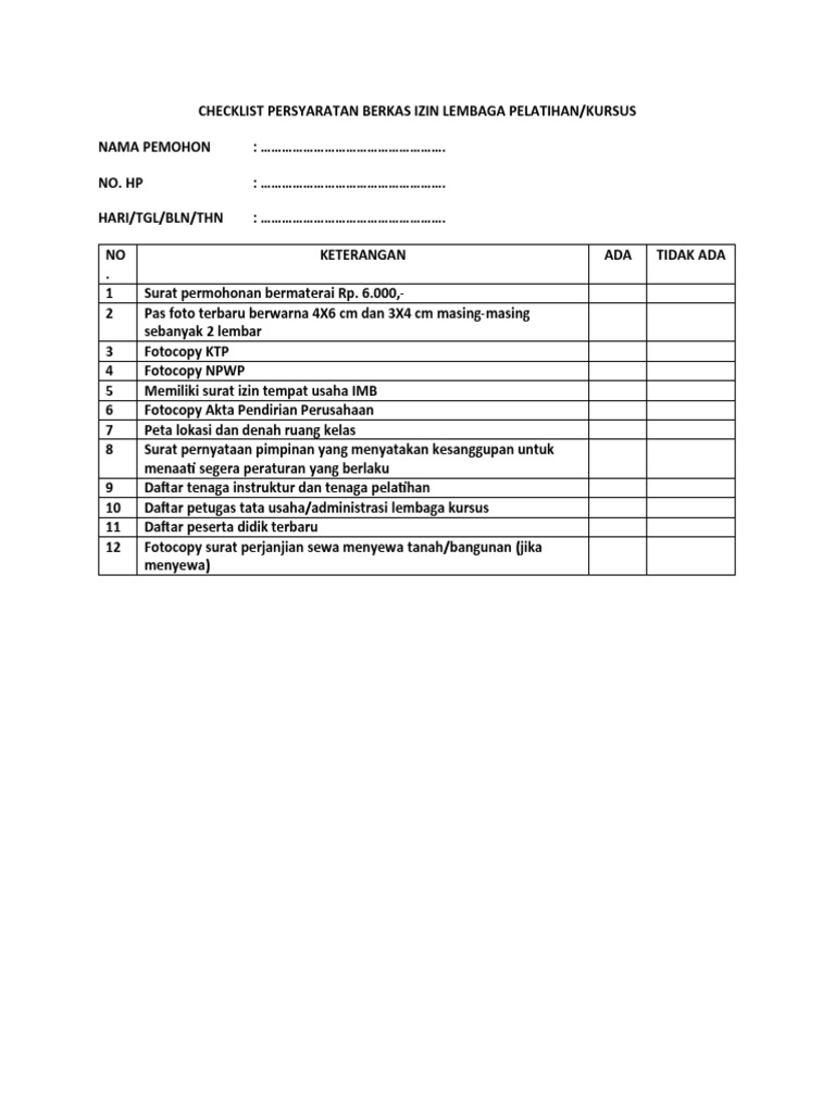 Checklist Persyaratan Berkas Izin Lembaga Pelatihan | PDF