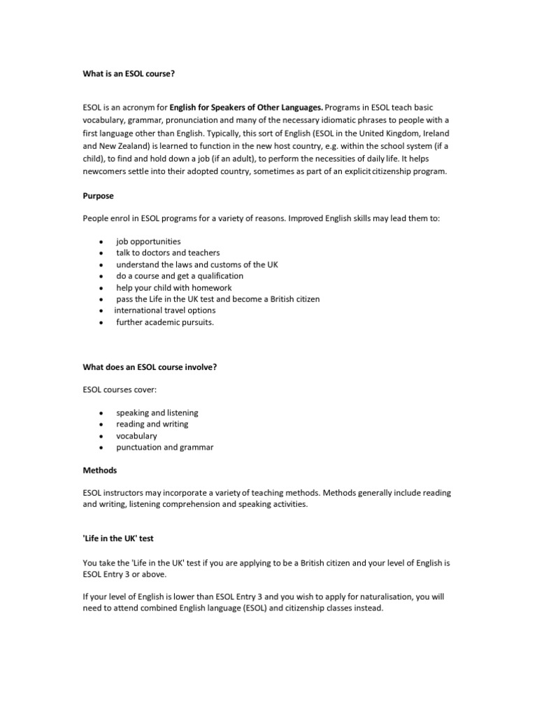 What Is An ESOL Course | PDF | English As A Second Or Foreign Language ...