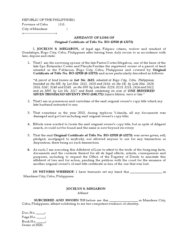 Affidavit of Loss for Title RO-12920 | PDF | Affidavit | Civil Law ...