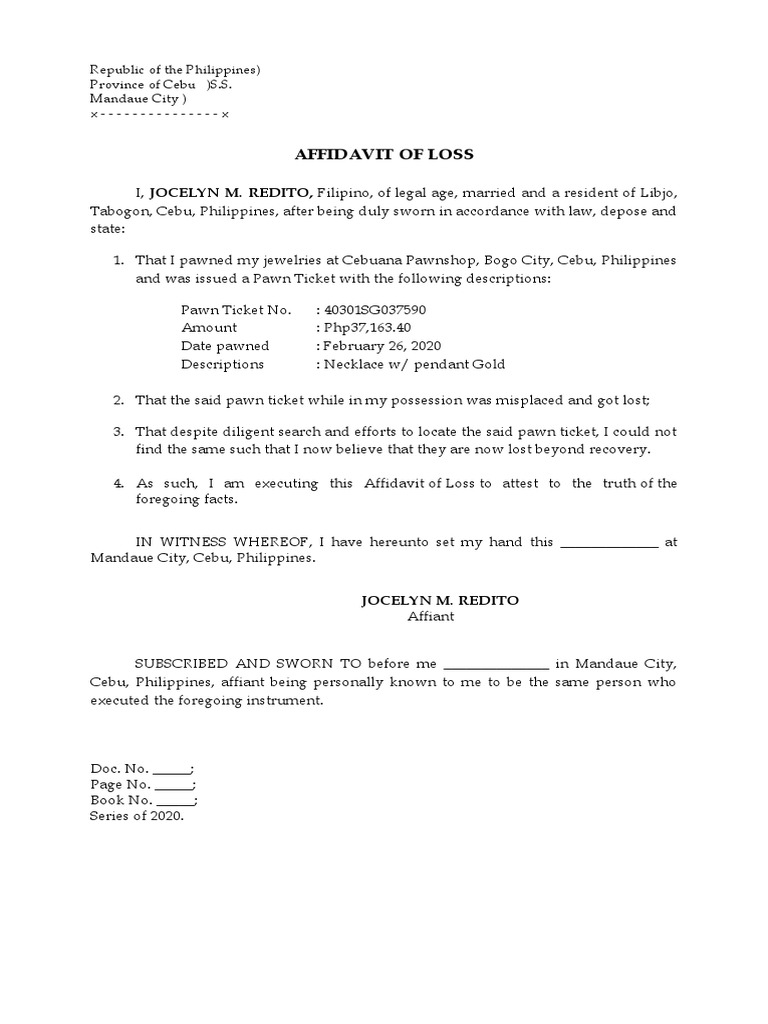 Affidavit of Lost Pawn Ticket | PDF