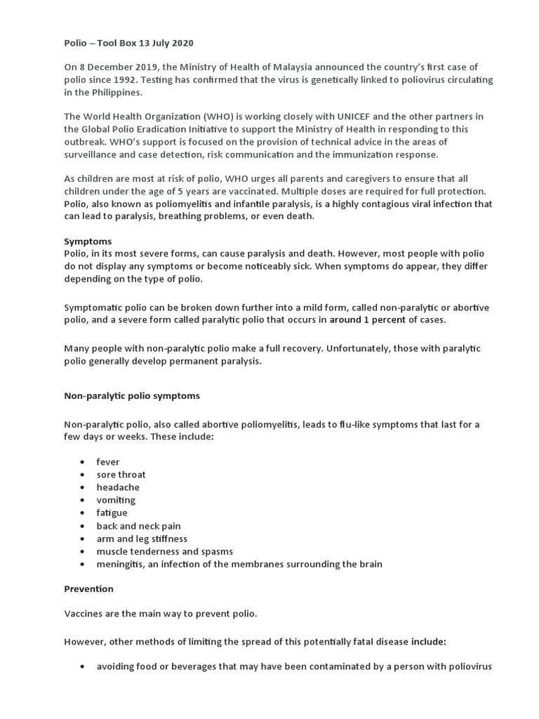 Polio - Tool Box 13 July 2020: Symptoms | PDF | Pediatrics | Viral Diseases