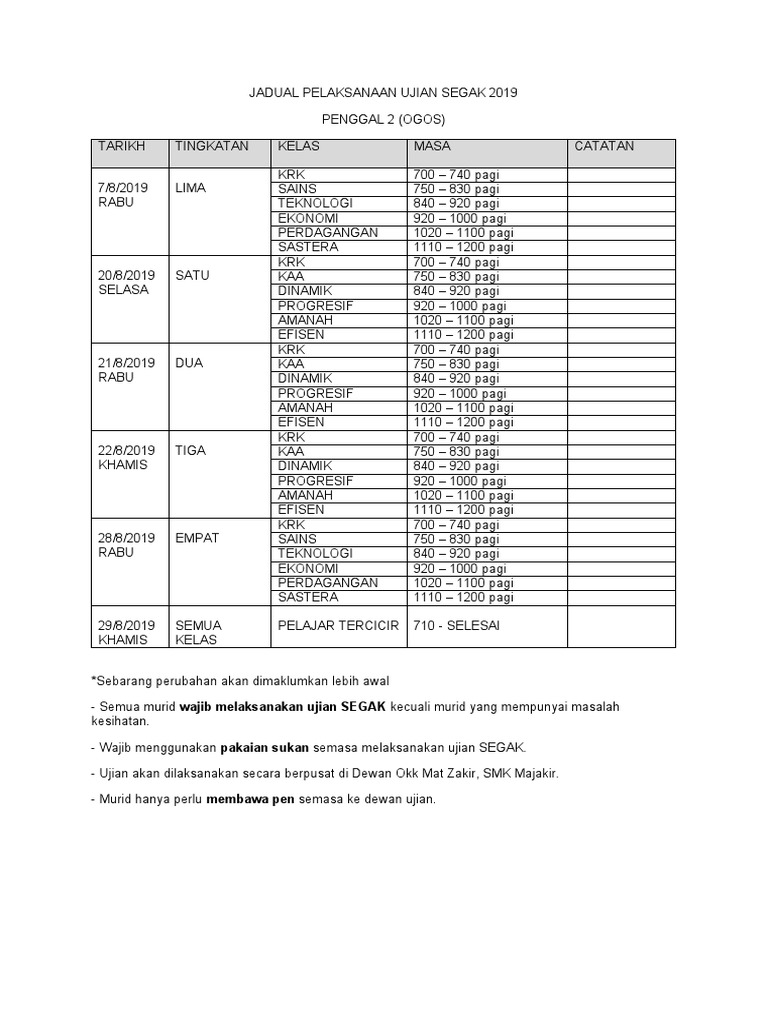 Jadual Pelaksanaan Ujian Segak 2019 | PDF