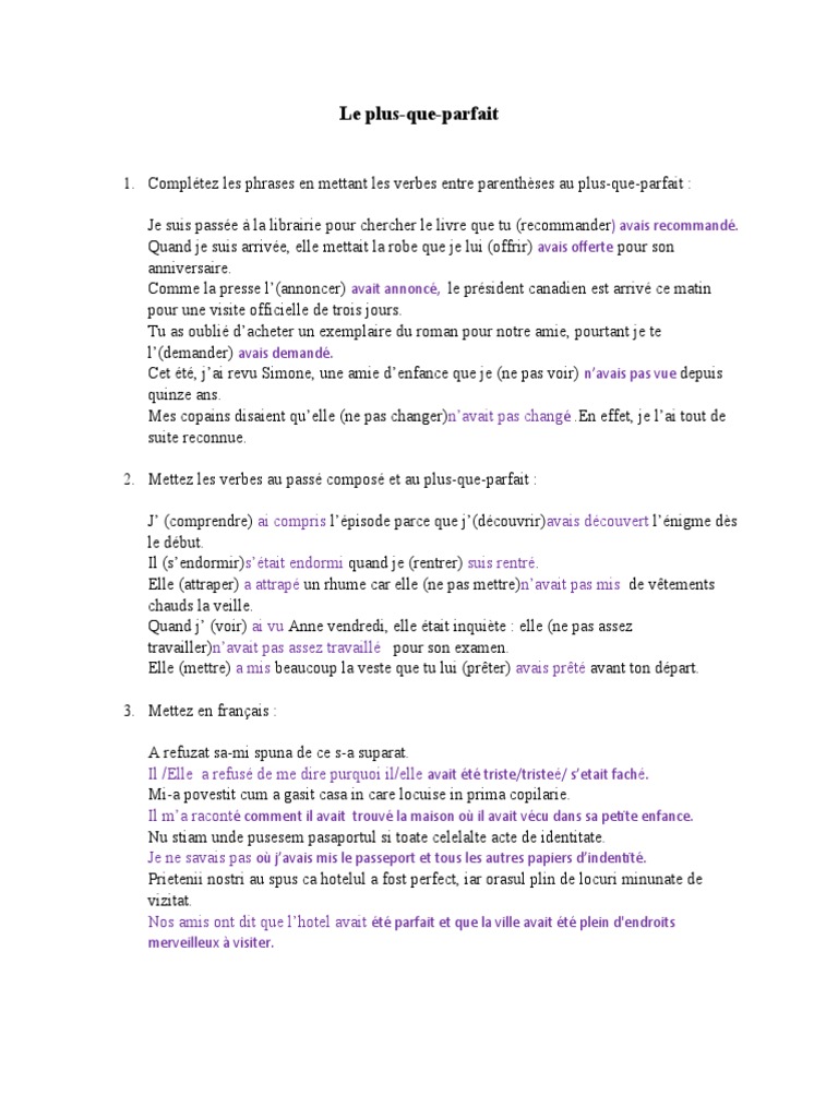 Exercices sur le plus-que-parfait | PDF | Mystère, thriller et fiction ...