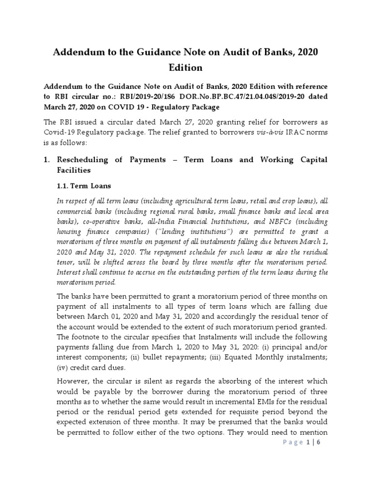 Addendum To Bank Audit Guidance Note | PDF | Reserve Bank Of India | Loans