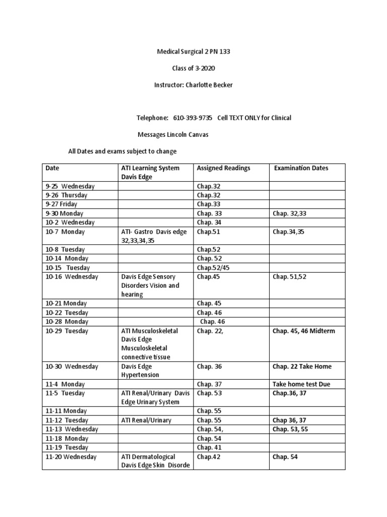 Med Surg CLass Schedule 9-19.final | PDF | Organ (Anatomy) | Diseases ...