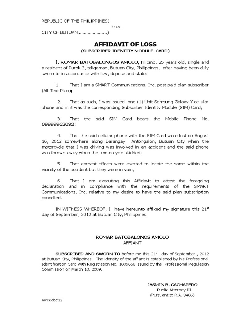 Affidavit of Loss:, ROMAR BATOBALONGOS AMOLO, Filipino, 25 Years Old ...