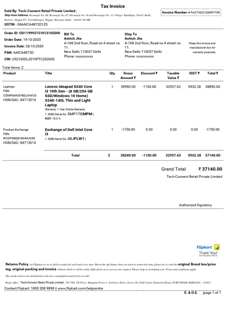 Lenovo Laptop Purchase Invoice | PDF | Computer Hardware | Personal ...