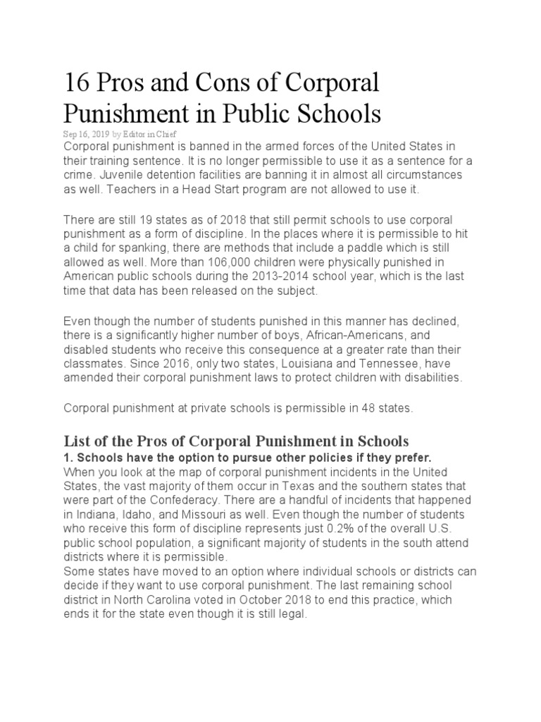 16 Pros and Cons of Corporal Punishment in Public Schools | PDF ...