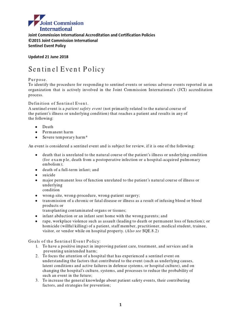 2018 JCI Sentinel - Event - Policy1 PDF | PDF | Joint Commission ...