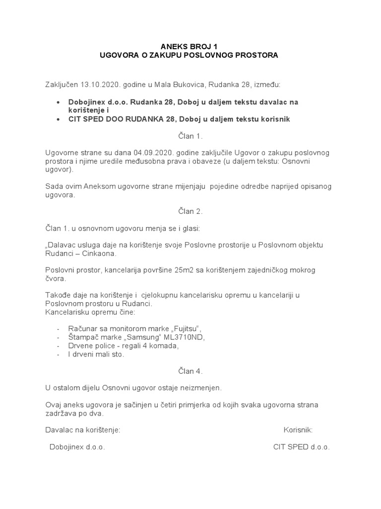 ANEKS BROJ 1 Ugovor o Zakupu | PDF