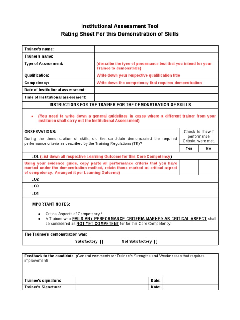 Institutional Assessment Tool Rating Sheet For This Demonstration of ...