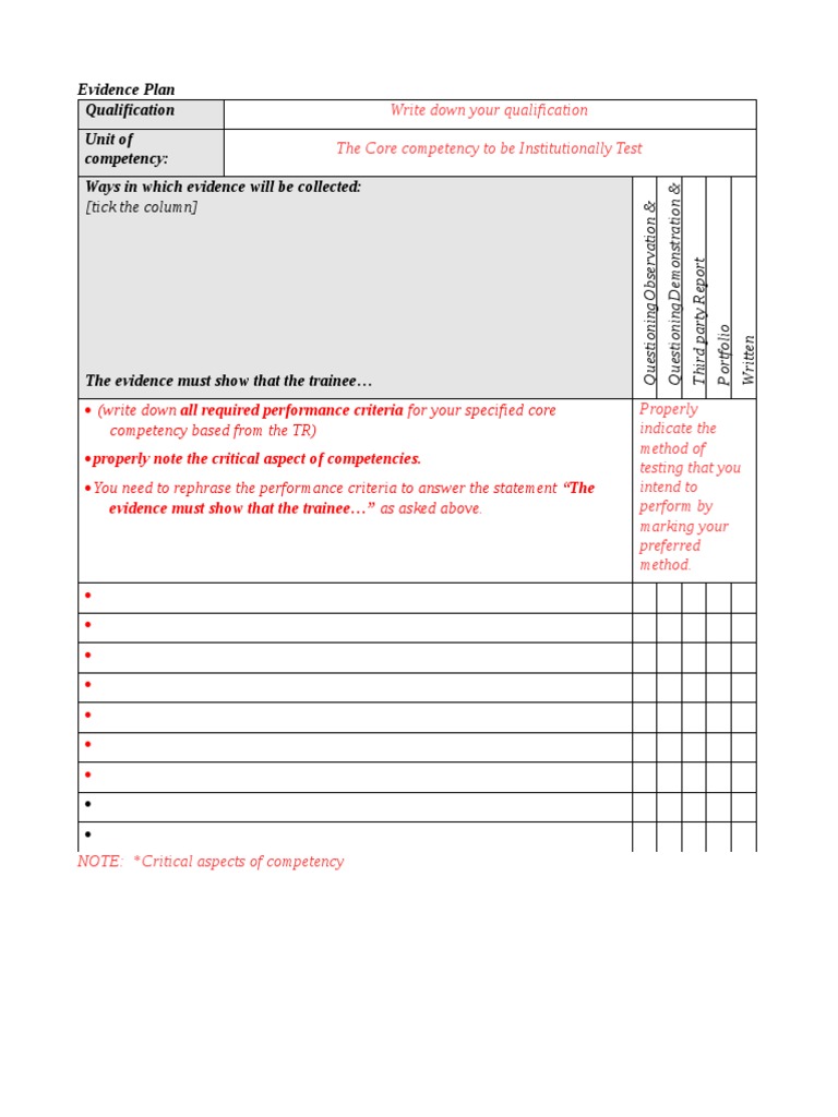 Evidence Plan Template for TESDA | PDF