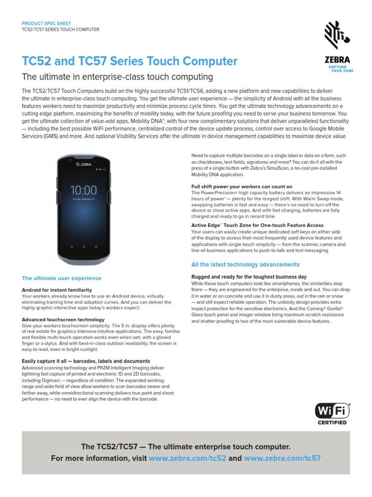 tc52 tc57 Specification Sheet en Us | PDF | Touchscreen | Wi Fi