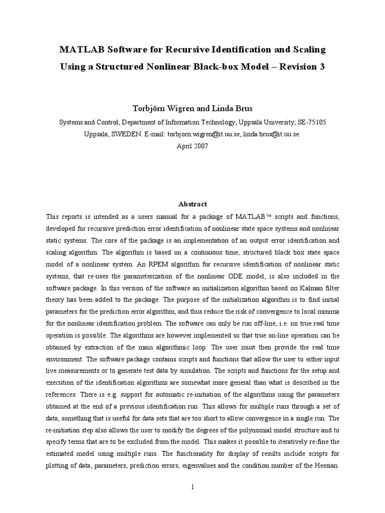 MATLAB Software For Recursive Identification and Scaling Using A Structured Nonlinear Black-Box ...