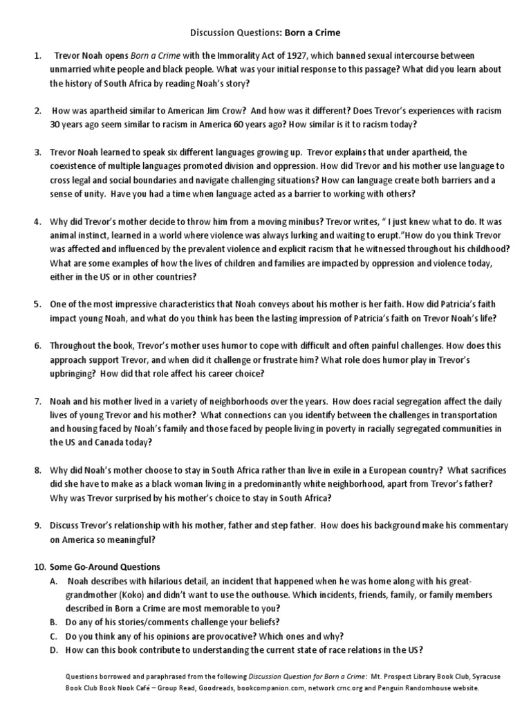 Discussion Questions: Born A Crime | PDF | Racism | Discrimination ...