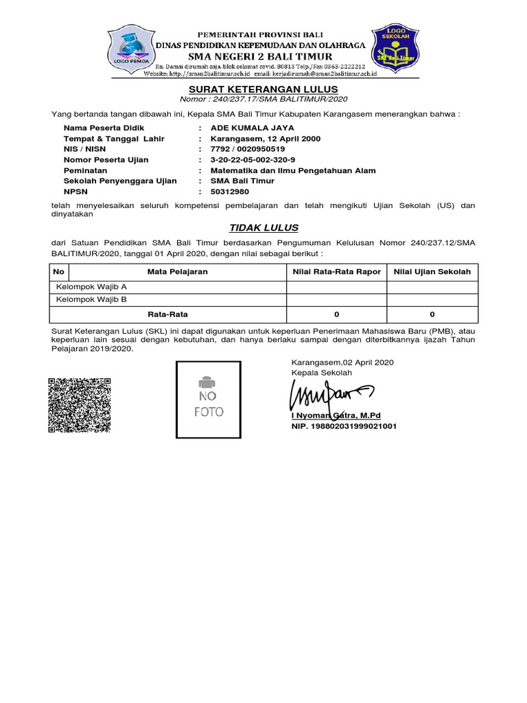 SKL Siswa 0020950519 | PDF