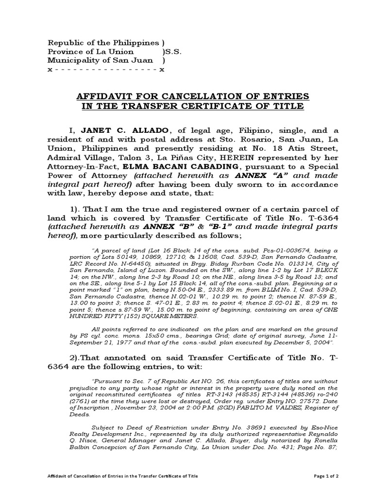 Affidavit of Cancellation of Entries in The Transfer Certificate of ... Affidavit of Cancellation of Entries in The Transfer Certificate of ...