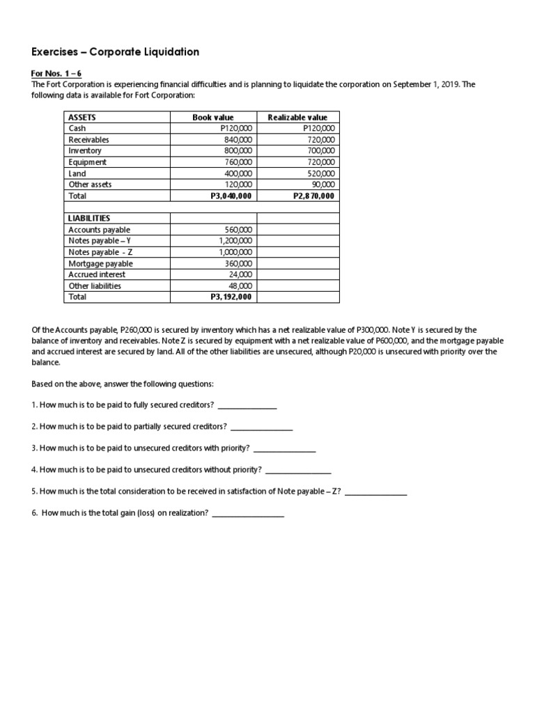 Exercises - Corporate Liquidation | PDF | Book Value | Liquidation