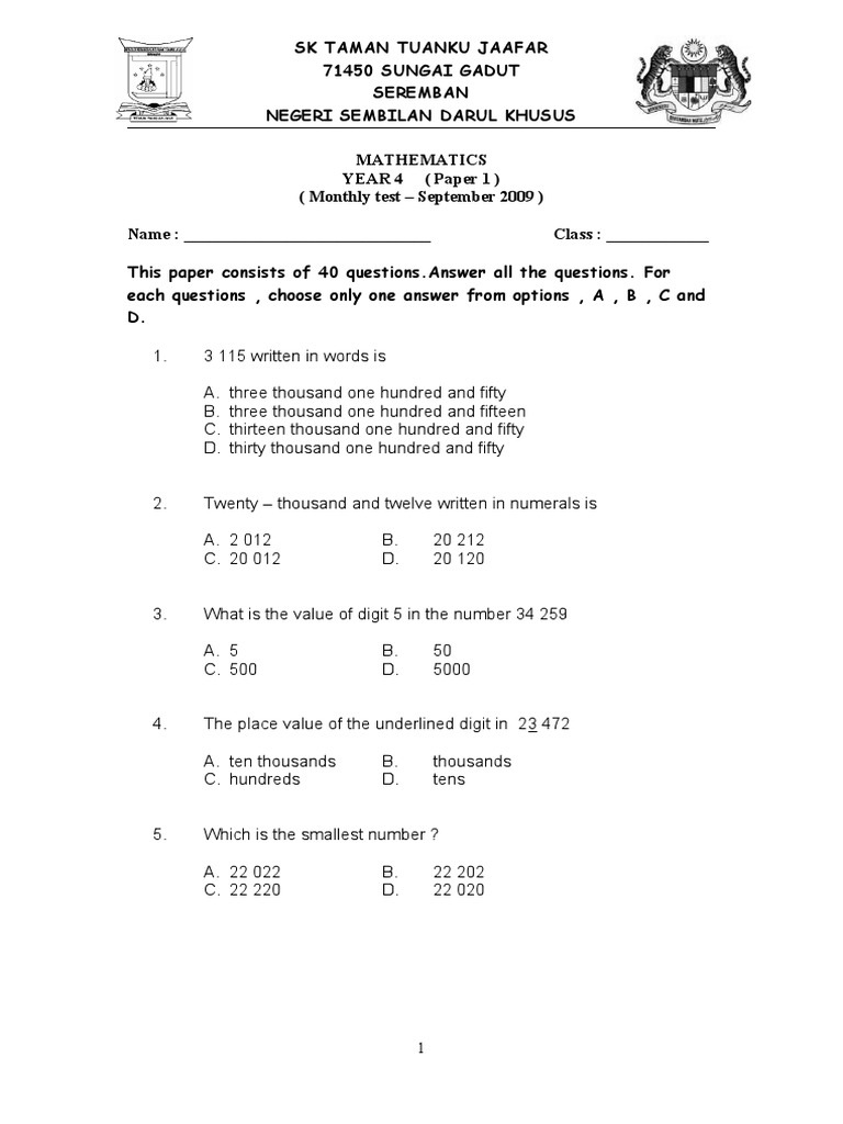 Mathematics Year 4 Paper 1 September 2009 | PDF | Elementary ...